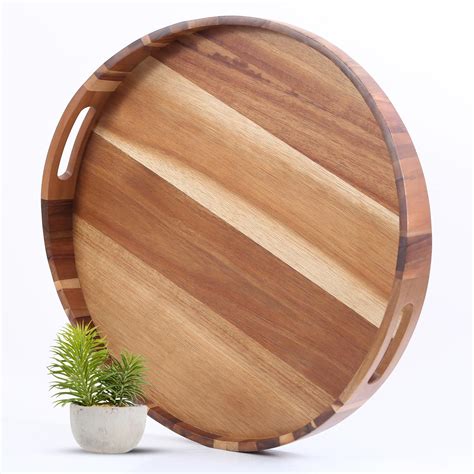 Big Round Wood Serving Tray Large 20inch Smooth Wave Curves Wall Design Big Ottoman Trays