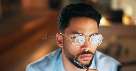 night reflection and glasses of businessman at computer for digital software and web design