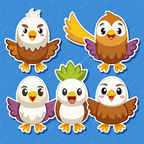 Cinq Mignons Oiseaux De Dessin Animé Sur Fond Bleu Vecteur Premium