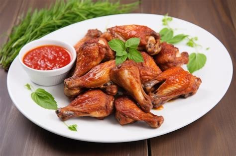 Wings Covered In Sauce On A White Ceramic Plate With Fresh Herbs