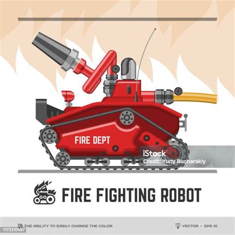 소방 로봇 플랫 일러스트 와 모바일 자율 추적 차량 Thermite 소방관 물 또는 거품 호스 모형 및 글리프 아이콘 소방관에