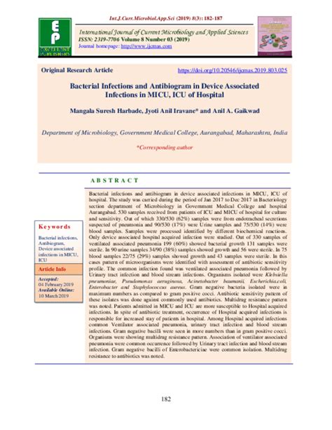 Pdf Bacterial Infections And Antibiogram In Device Associated Infections In Micu Icu Of Hospital