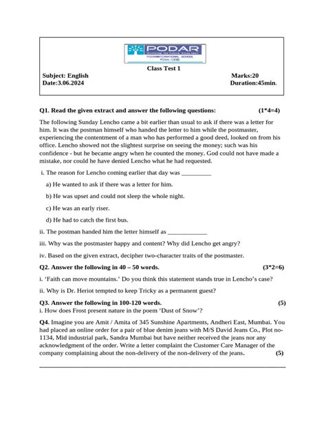 English Class Test 1 Questions And Answers Pdf