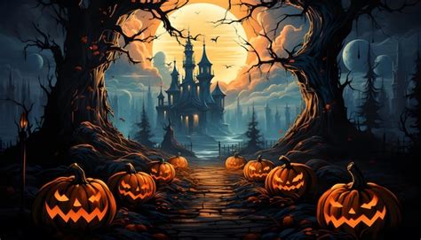 Premium Ai Image Haunted House Pumpkin Patch At Night By Full Moon Light