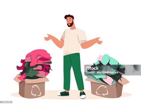 남자는 재활용 및 환경 친화적 인 섬유와 상자를 준비 지속 가능한 패션 제조 브랜드 녹색 기술 윤리적 의류 생산 판매 개념만화 사람들 벡터 일러스트 청소하기에 대한 스톡