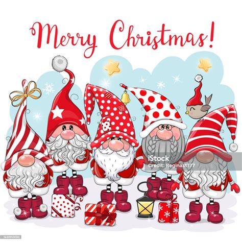 Five Cute Gnomes On A Blue Background Stock Illustration Download