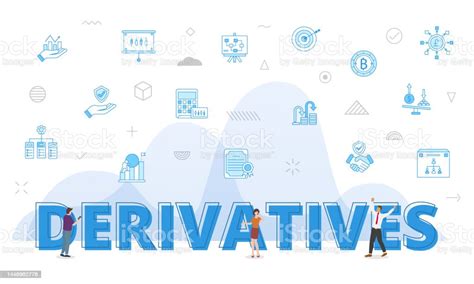 큰 단어와 현대적인 파란색 스타일로 퍼지는 관련 아이콘으로 둘러싸인 사람들이 있는 파생 개념 개념에 대한 스톡 벡터 아트 및