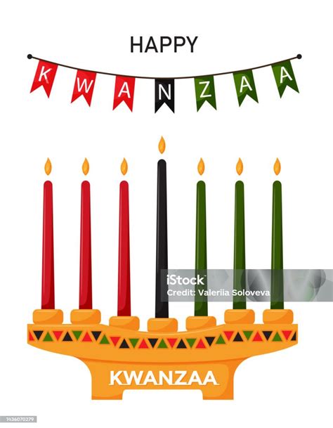 키나라 전통적인 콴자 촛불이 달린 촛대 비문 Kwanzaa와 축제 깃발 아프리카 계 미국인 휴가를위한 휴가 카드 흰색 배경에