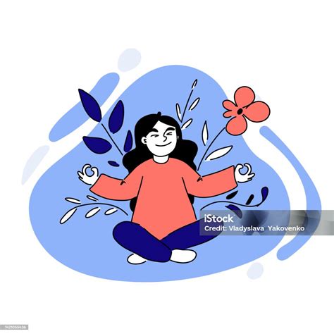 명상하는 소녀의 벡터 일러스트레이션 연꽃 위치 명상 마음 챙김 요가 선 평화 자연과의 단결 꽃 평온 차크라 정신 건강 개념