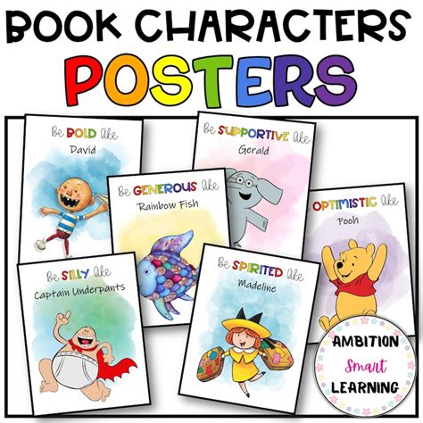 Book Character Posters Positive Affirmation Watercolors Classroom