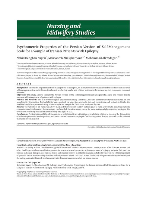Pdf Psychometric Properties Of The Persian Version Of Self Management Scale For A Sample Of