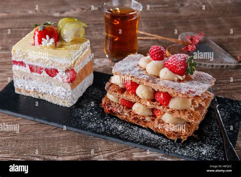 Cream Cake Strawberry Frosting Mille Feuille Dessert Sweet On Black