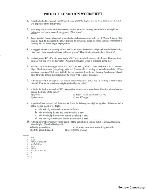 Worksheet With Answers Projectile At An Angle
