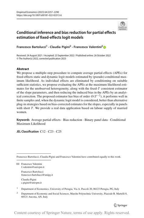 Pdf Conditional Inference And Bias Reduction For Partial Effects