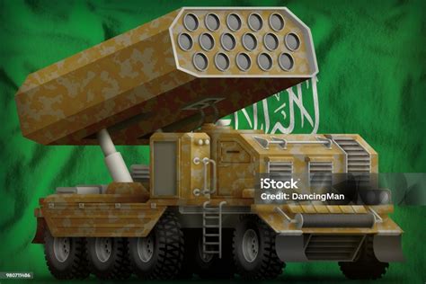 로켓 포병 사우디아라비아 국기 배경에 모래 위장 미사일 발사대 3 차원 일러스트 레이 션 군사에 대한 스톡 사진 및 기타 이미지