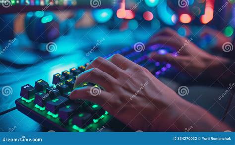 Dynamic Scene Of Gamers With Vibrant Blue And Green Illuminated Keyboard Keys In Action Stock