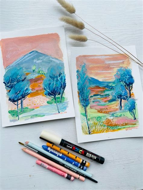 Two Mixed Media Travel Landscape Artwork With Bright Colours By