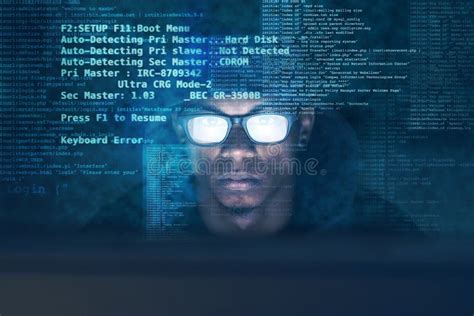 Coding Hacker Man And Overlay With Computer At Night For Cyber Attack Ransomware And Online