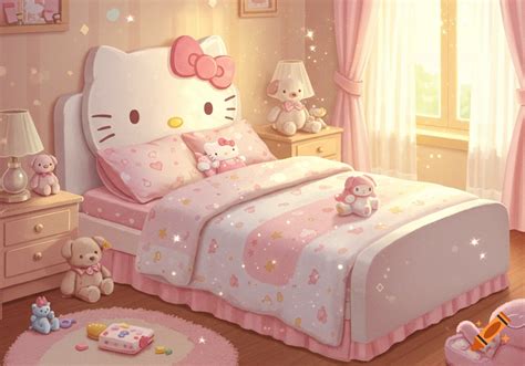 A Cute Pink Hello Kitty Themed Bedroom With A Large Hello Kitty