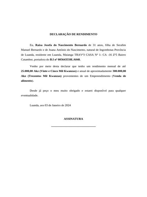 Declaração De Rendimento Mensal Pdf