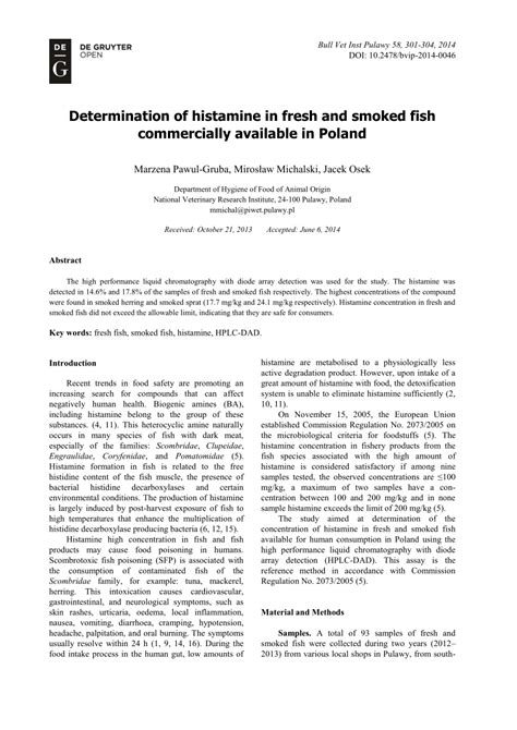 Pdf Determination Of Histamine In Fresh And Smoked Fish Commercially
