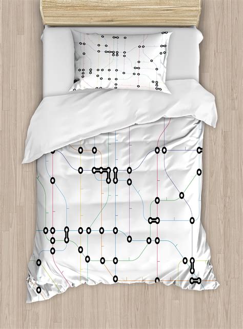 Map Duvet Cover Set Colorful Thin Lines Metro Scheme Transportation Network Diagram Outline