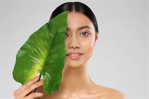 얼굴 피부 관리 뷰티 모델은 큰 녹색 트로픽 리프와 얼굴을 커버합니다 하얀 위에 신선하고 깨끗한 부드러운 화장을 한 아시아 소녀 아름다운 소녀 스파 트리트먼트 메이크업