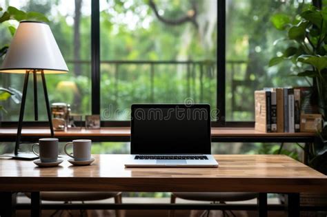 Workspace With Laptop Computer Empty Screen And Office Supply On Wooden Table Ai Generate Stock