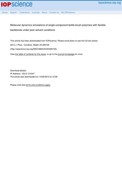 Pdf Molecular Dynamics Simulations Of Single Component Bottle Brush