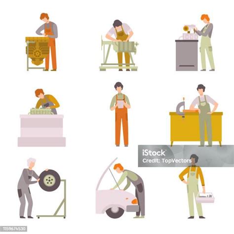 전문 수리공 세트 남성 자동 역학 문자 균일 한 작업 에서 자동차 수리 서비스 벡터 일러스트 공구상자에 대한 스톡 벡터 아트 및