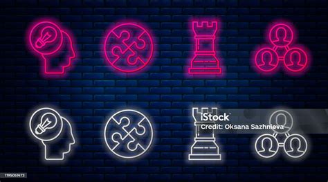 퍼즐 비즈니스 전략 램프 전구 및 프로젝트 팀 기반과 인간의 머리의 세트 라인 조각 벽돌 벽에 빛나는 네온 아이콘입니다 벡터