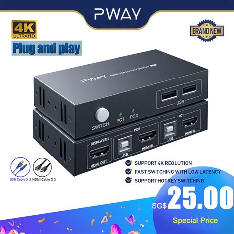 PWAY KVM Switch HDMI Splitter Keyboard Mouse Printer Switcher USB Hub HD Video K Hz In Out