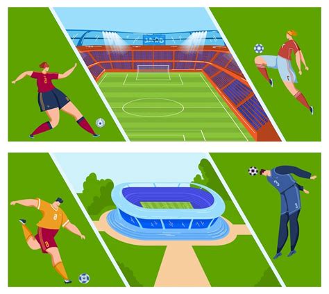 축구 선수 축구 필드 축구 공 캐릭터 팀 남자 양식 게임 선수 경기장 디자인 만화 스타일 벡터 일러스트 레이 션 프리미엄 벡터