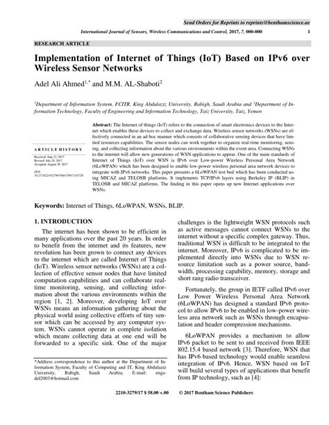 Pdf Implementation Of Internet Of Things Iot Based On Ipv6 Over