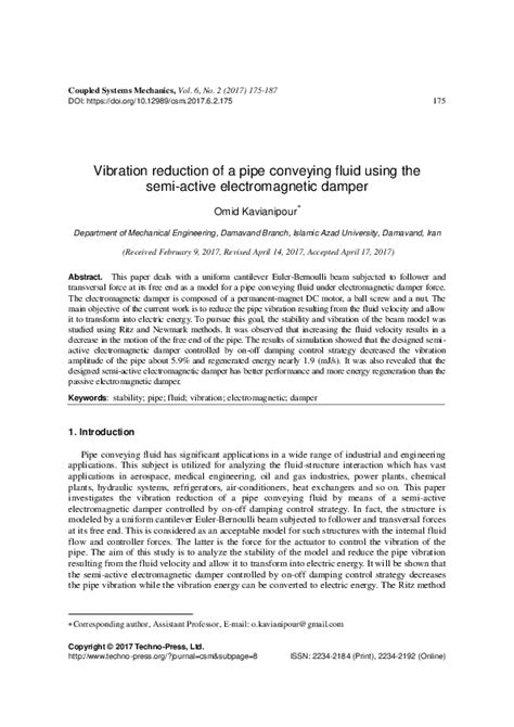 Pdf Vibration Reduction Of A Pipe Conveying Fluid Using The Semi Active Electromagnetic Damper
