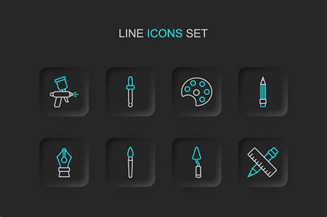 선 설정 십자형 눈금자와 연필 팔레트 나이프 페인트 브러시 분수 펜촉 지우개가 있는 연필 스포이드 색상 선택기 팔레트 및 스프레이 건 아이콘 벡터 개념에 대한 스톡 벡터