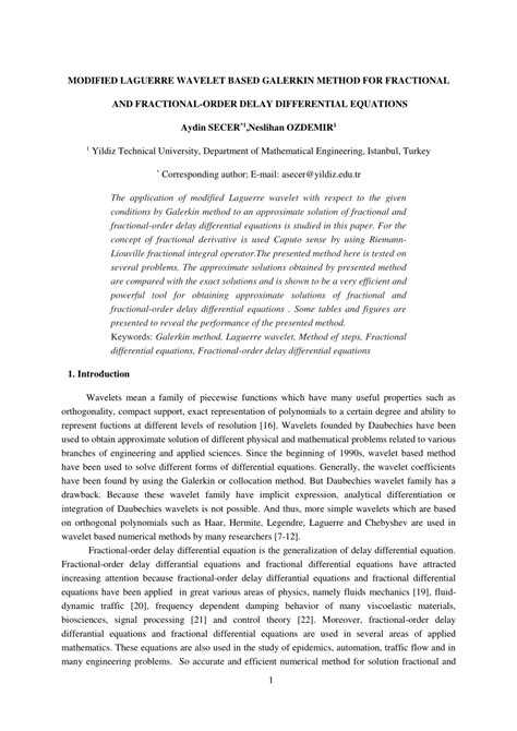 Pdf Modified Laguerre Wavelet Based Galerkin Method For Fractional And Fractional Order Delay