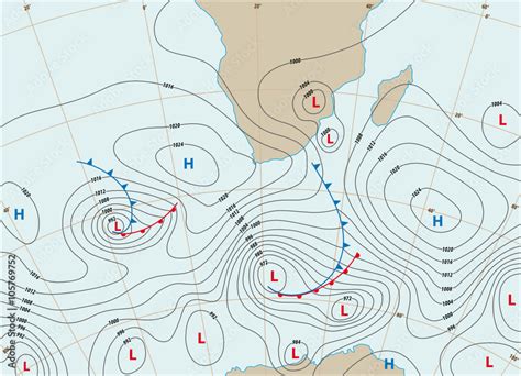 Imaginary Weather Map Showing Isobars And Weather Fronts Stock Vector Adobe Stock