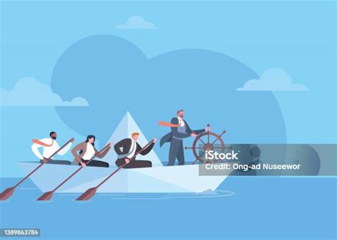 성공 위기 관리 문제 해결 팀워크 또는 리더십 개념에 대한 실행 사업가는 푸른 배경에 자신의 팀과 바다를 통해 종이 보트의 탐색을 제어하고 있습니다 개념에 대한 스톡 벡터