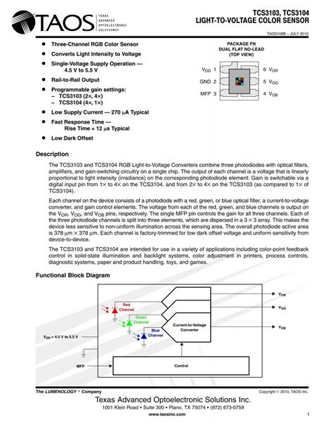 TCS3103 TCS3104 LIGHT TO VOLTAGE COLOR SENSOR Ams