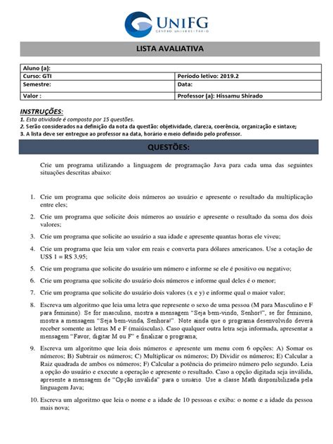 Lista De Atividades 1 Java Pdf Algoritmos Números