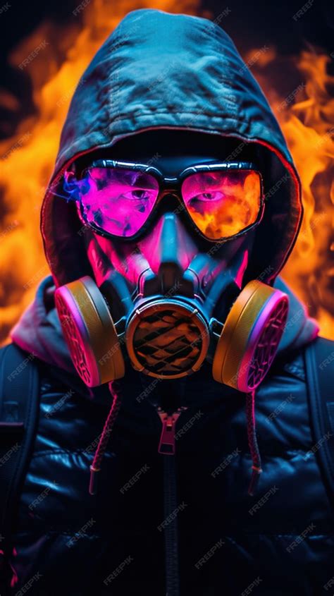Premium Photo A Hacker Wearing Gas Mask With Neon Smoke In Background