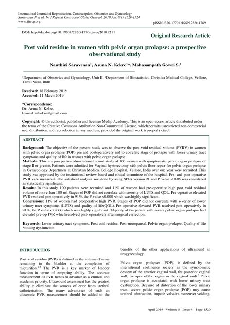 PDF Post Void Residue In Women With Pelvic Organ Prolapse A Prospective Observational Study