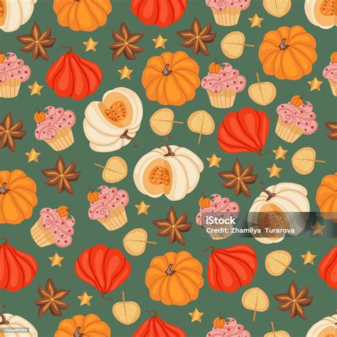 가을 손으로 그린 녹색 배경에 계절 요소가있는 매끄러운 패턴을 그렸습니다 직물 벽지 섬유 포장에 좋습니다 벡터 일러스트레이션 10월에 대한 스톡 벡터 아트 및 기타 이미지