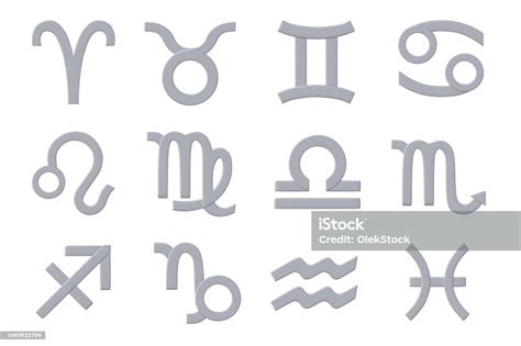 점성술 기호는 흰색 배경에 분리되어 있습니다 금속 조디악 기호 집합입니다 3d 렌더링 0명에 대한 스톡 사진 및 기타 이미지 0명 3차원 형태 개체 그룹 Istock