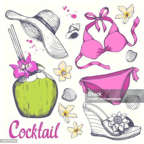 손으로 그린 홀리데이 플립 퍼 모자 수영복 바다 조개 코코넛 칵테일으로 설정 합니다 흰색 바탕에 스케치 스타일에서 벡터 일러스트입니다 브러시 서 예 요소입니다 필기 잉크