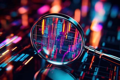 Data Analysis Magnifying Glass Explores Digital Charts And Key Metrics