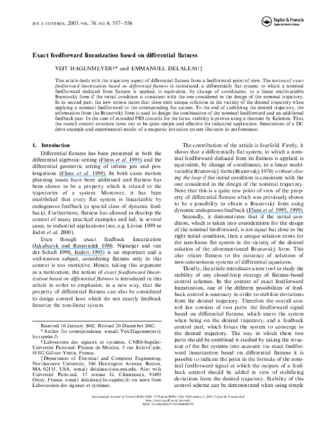 Pdf Exact Feedforward Linearization Based On Differential Flatness