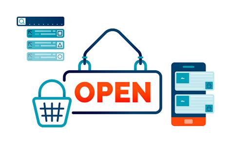 오프라인 및 온라인 상점을 위한 옷걸이와 장바구니가 있는 Open Sign의 그림 디자인은 랜딩 페이지 웹사이트 브로셔 전단지에 사용할 수 있습니다 가방에 대한 스톡 벡터