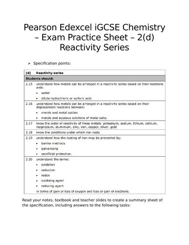 Pearson Edexcel Igcse Chemistry 2 D Reactivity Series Exam Practice Sheet Teaching Resources